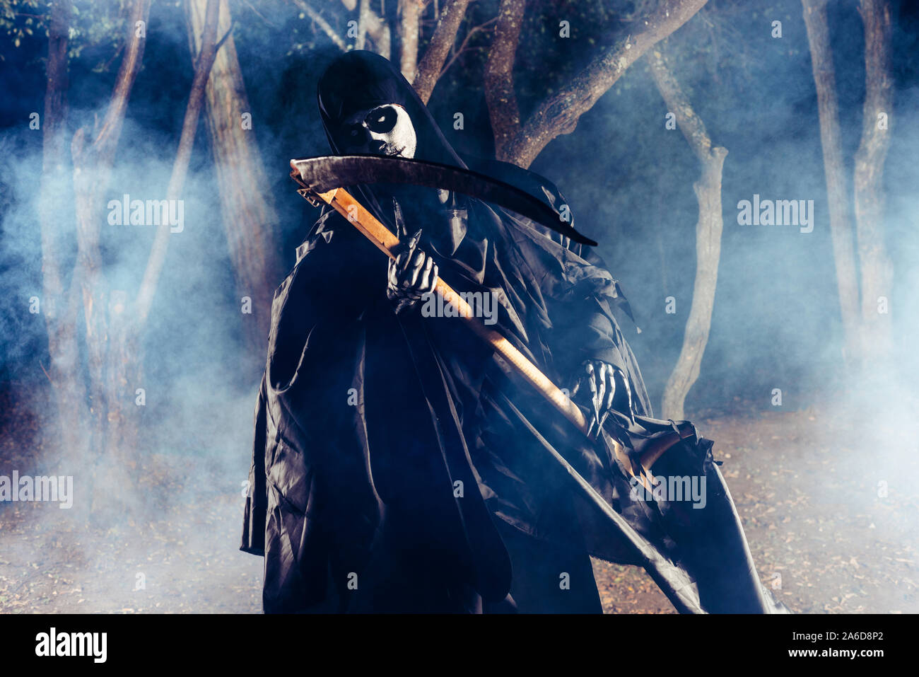 Grim Reaper standing in the fog at night with his scythe Stock Photo ...