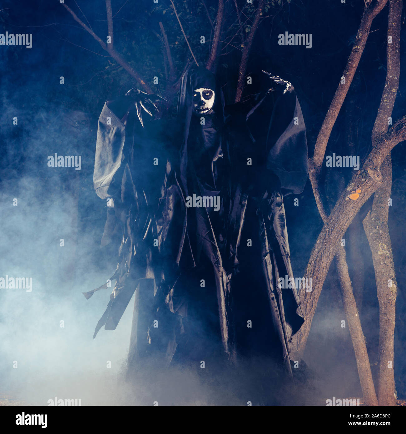 Portrait of the angel of death, grim reaper while standing in a ...