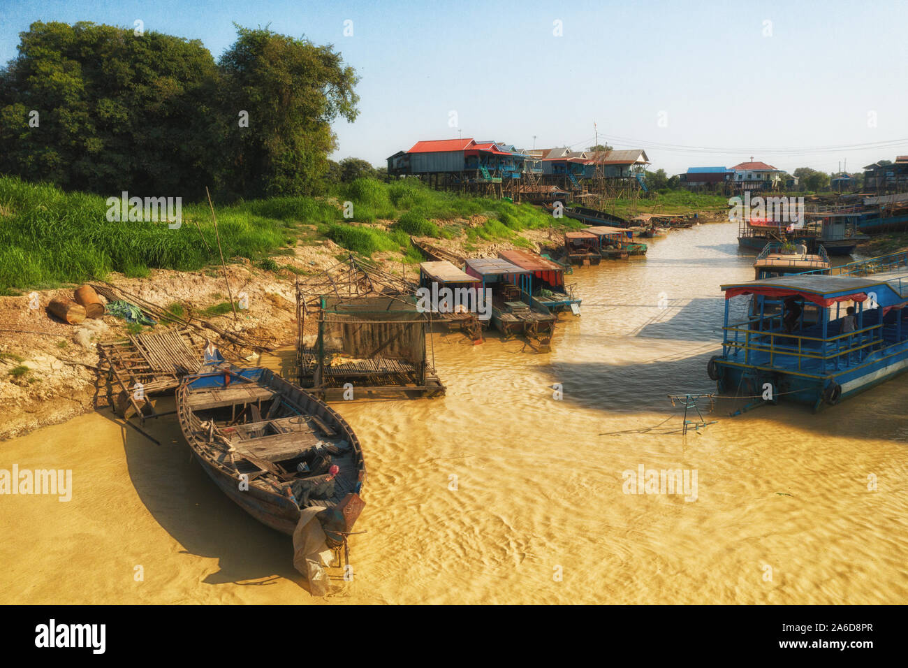 Boats on the river in Floating Village on the river in Cambodia, Pean ...