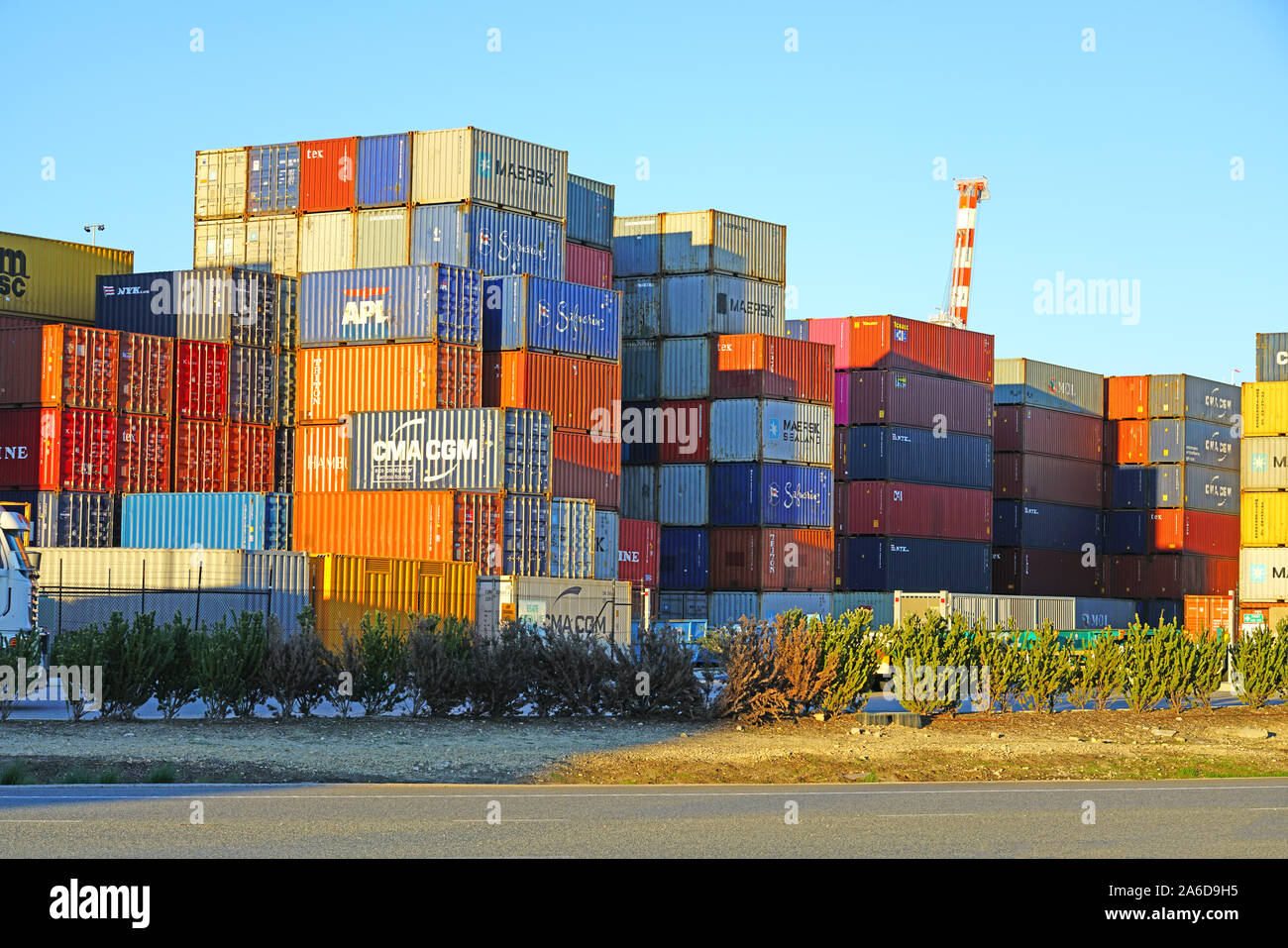 FREMANTLE, AUSTRALIA -3 JUL 2019- View of stacks of shipping containers ...