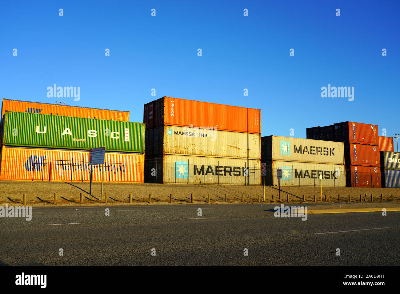 FREMANTLE, AUSTRALIA -3 JUL 2019- View of stacks of shipping containers ...