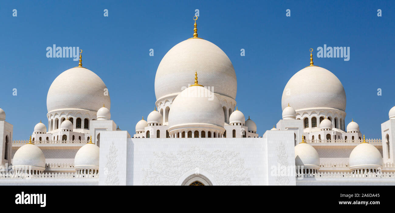 The Moroccan style domes of the Sheikh Zayed Grand Mosque in Abu Dhabi ...