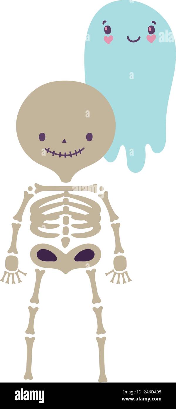happy halloween celebration skeleton and ghost characters vector ...