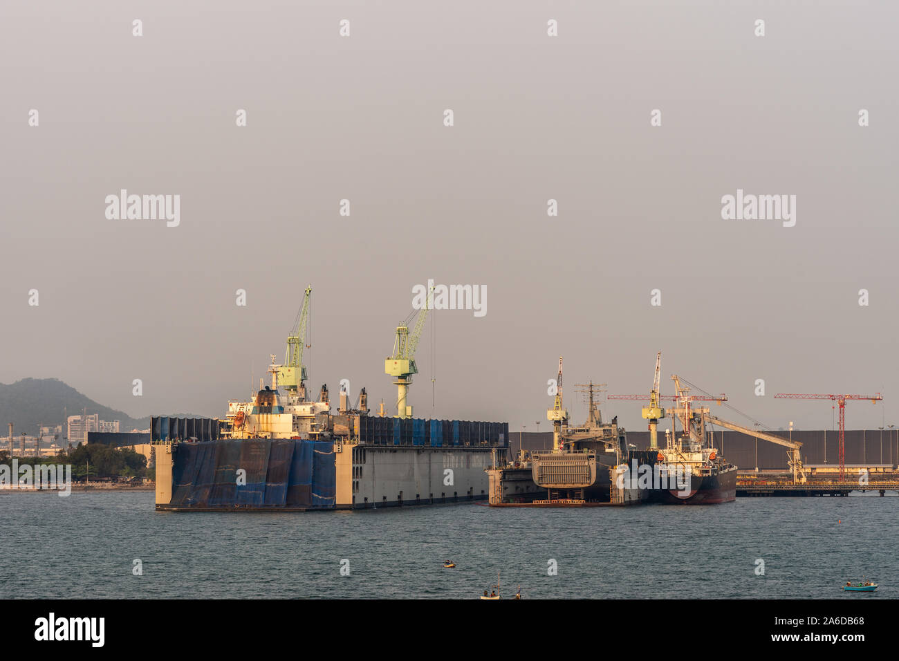 Laem Chabang seaport, Thailand - March 17, 2019: Two dry docks, one ...