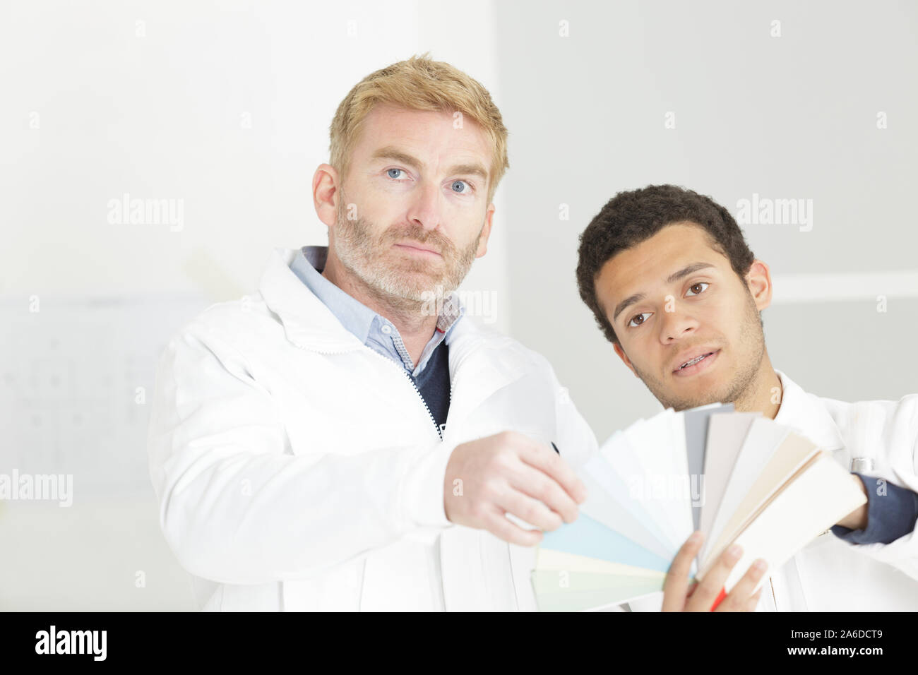 workers observing something while holding color palette Stock Photo - Alamy