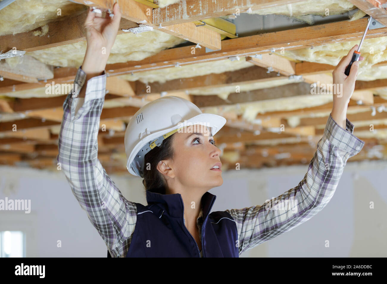 female builder working on ceiling Stock Photo - Alamy