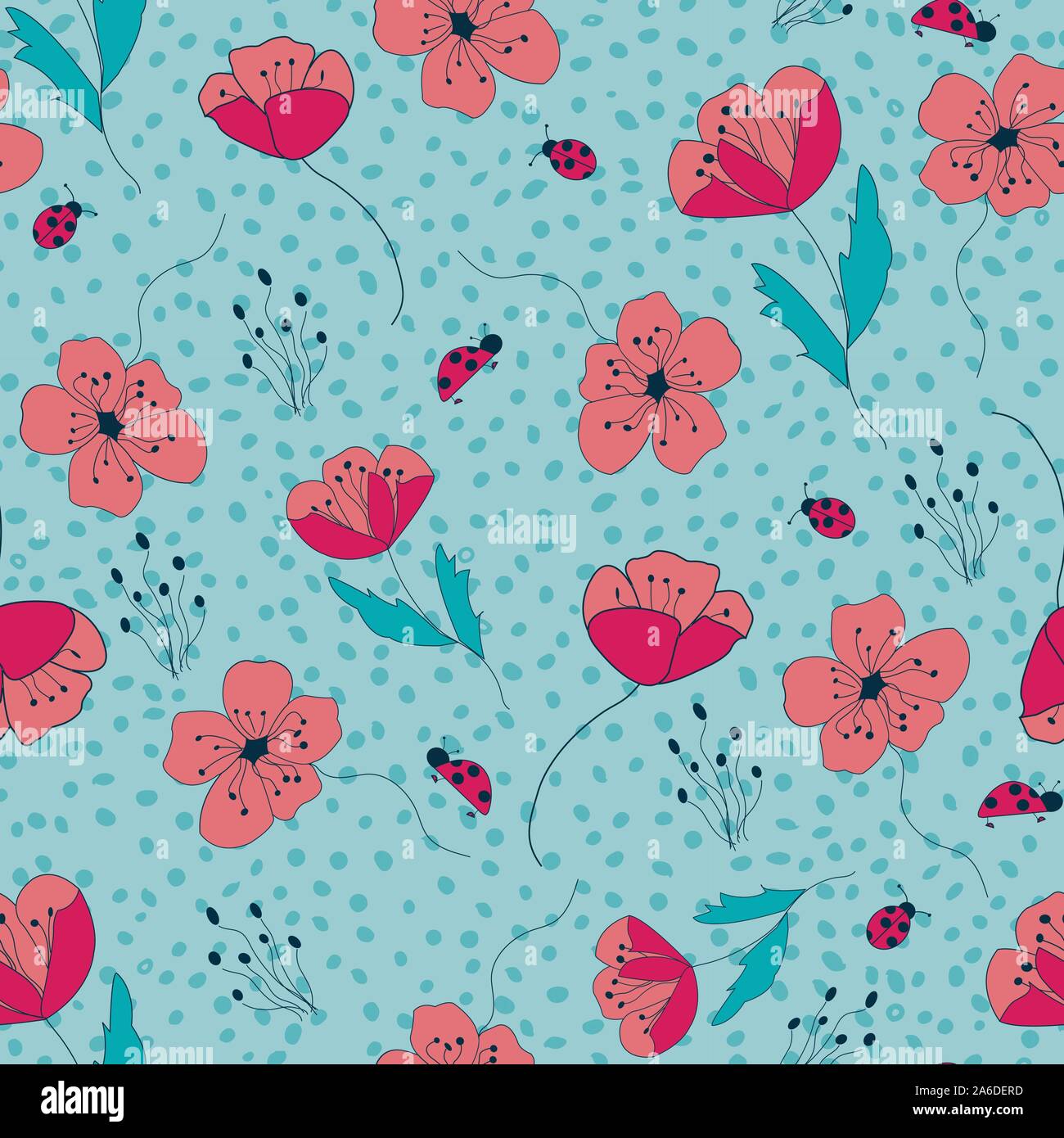 Seamless vector pattern with stylized cute red poppies. Endless texture ...