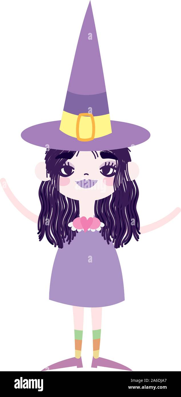 happy halloween celebration girl with hat witch costume vector ...