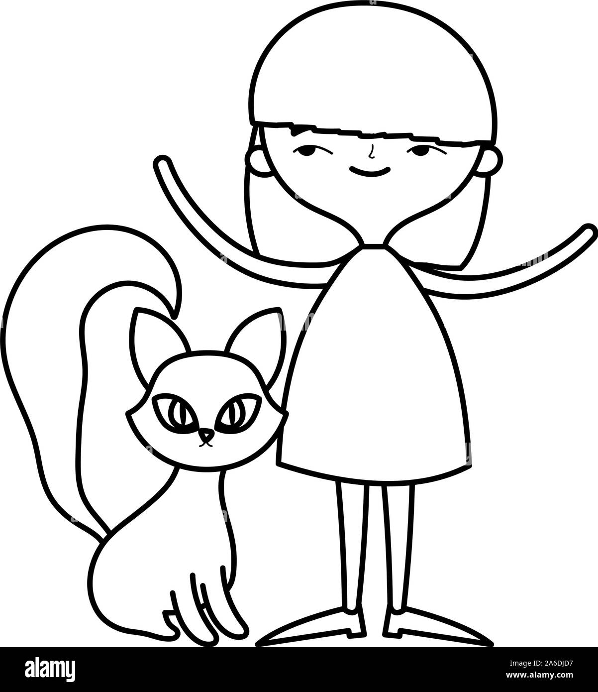 smiling girl open arms and cute cat vector illustration line style ...