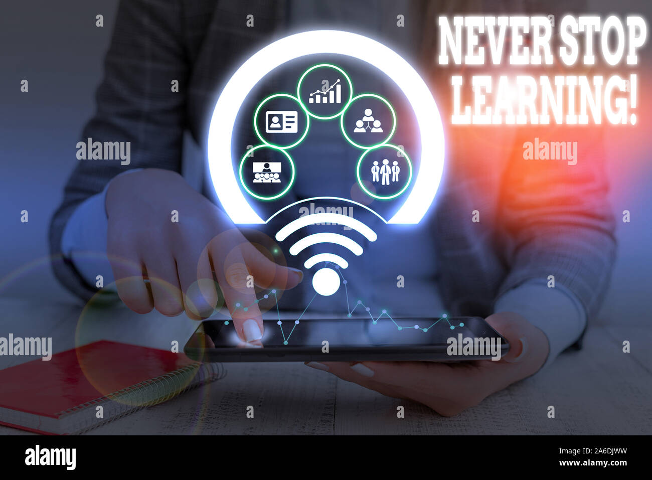 Handwriting text writing Never Stop Learning. Conceptual photo keep on ...