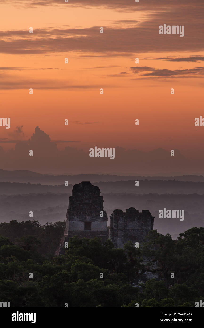 Predawn view of Temples I and II from Temple IV in Mayan archeological ...