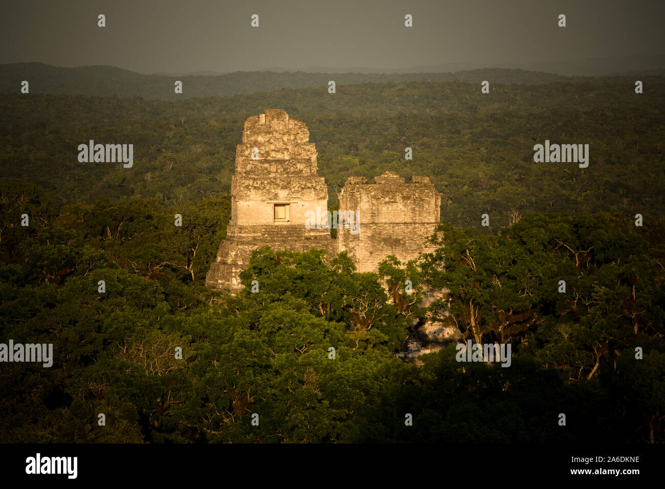 View at sunset of Temples I and II from Temple IV in the Mayan ...