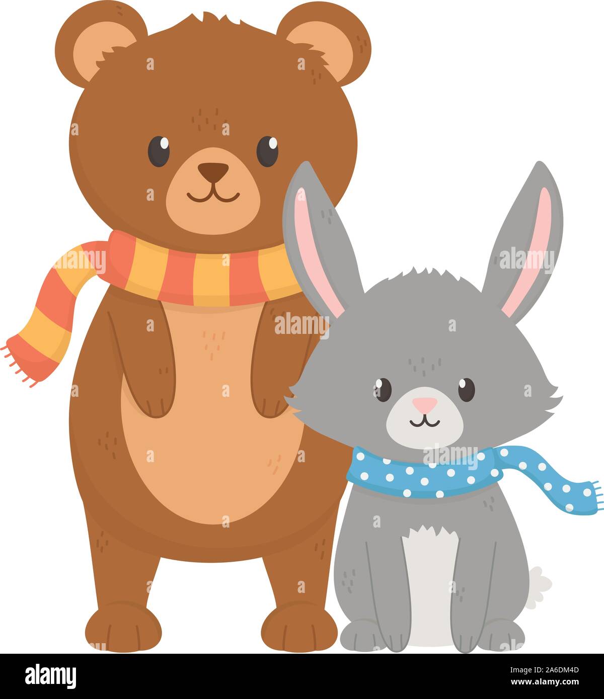 cute bear and rabbit with scarf autumn on white background vector ...