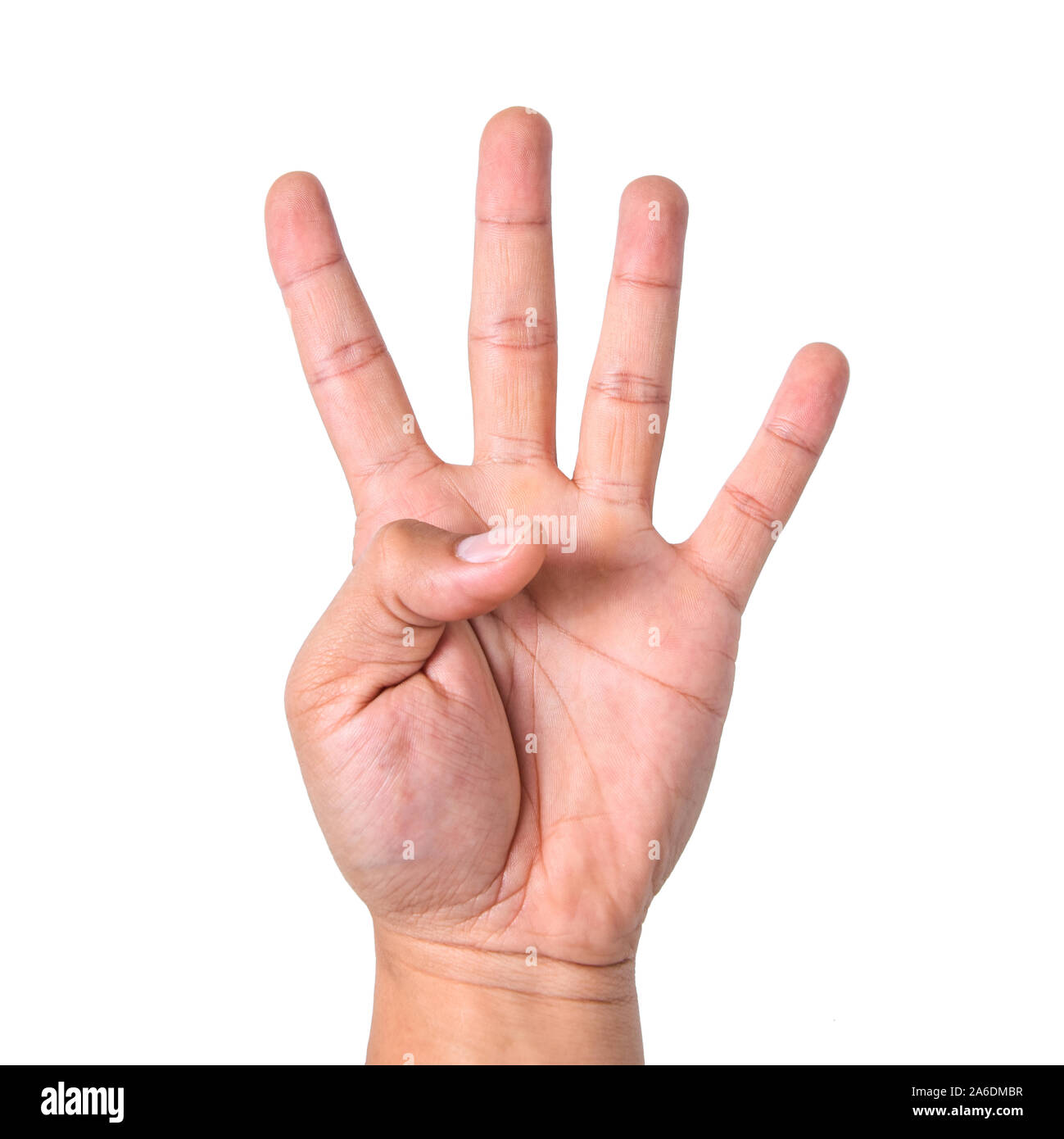hand asian young man four sign finger isolated on white background ...