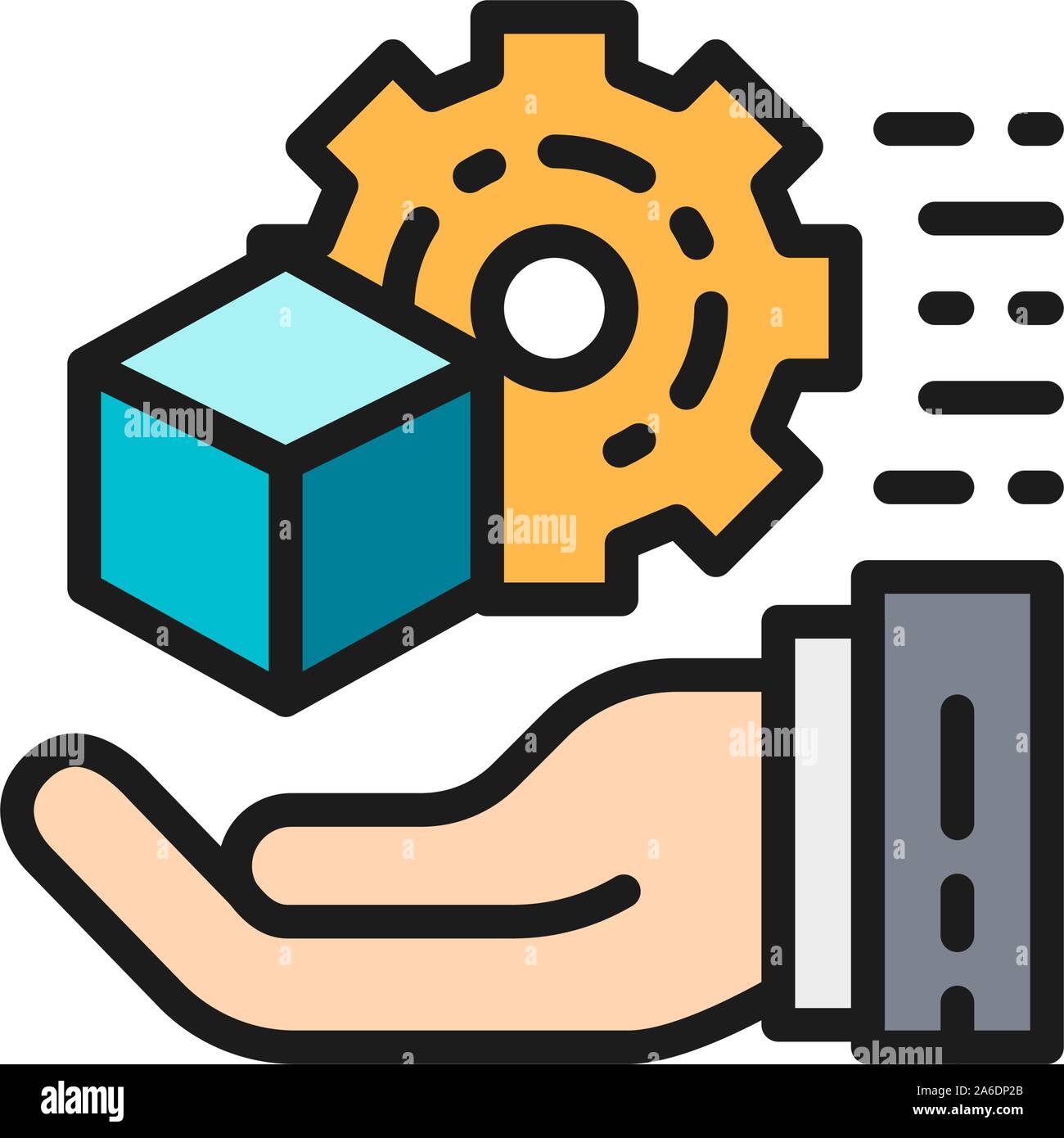 Hand with gear wheel and cube, engineering tools concept flat color ...