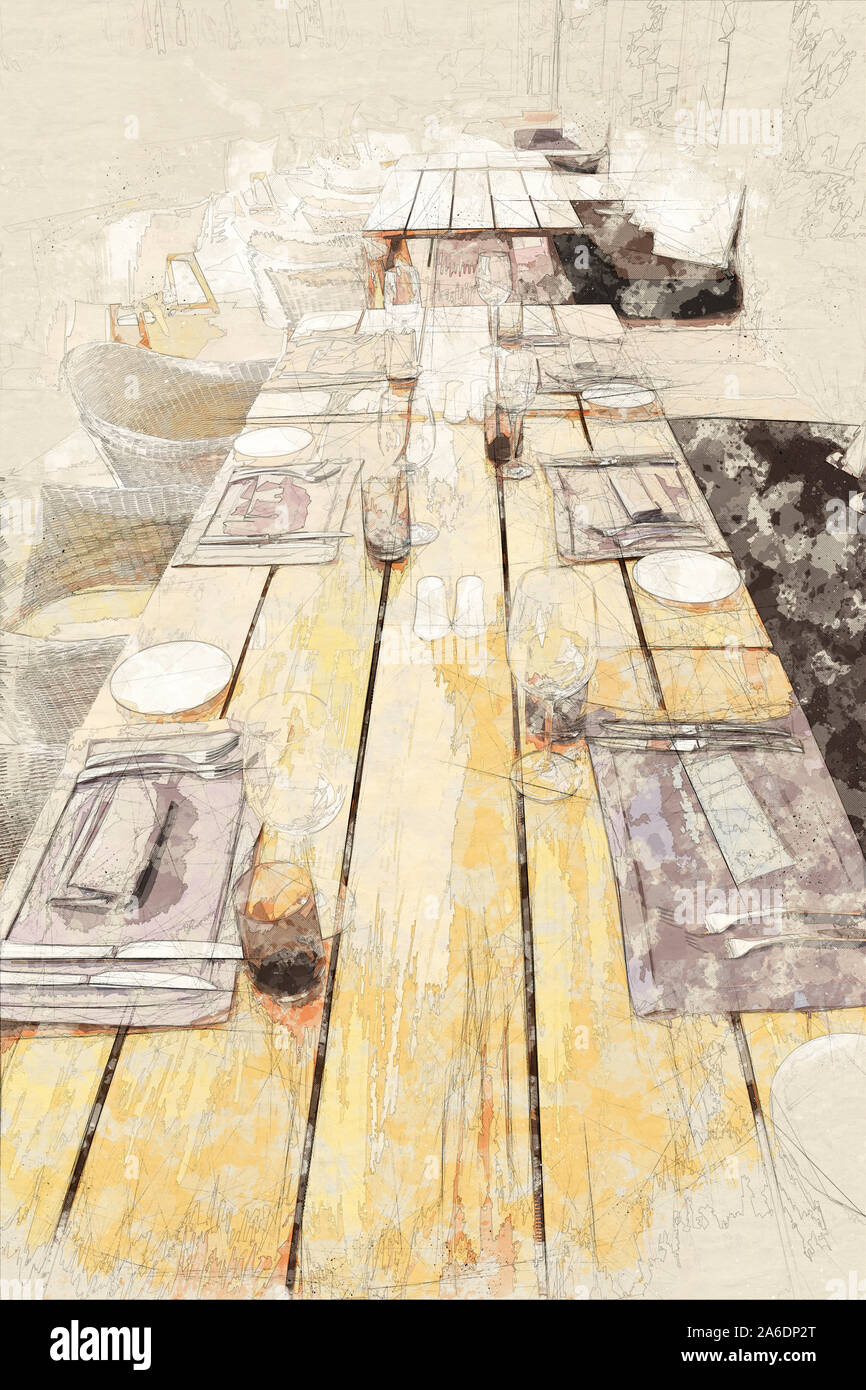 Vintage sketch of table setting Stock Photo - Alamy