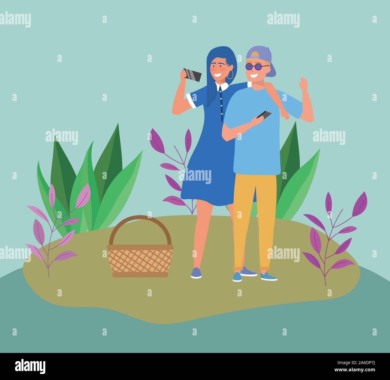 couple with smartphones basket picnic meadow vector illustration Stock Vector Image & Art - Alamy