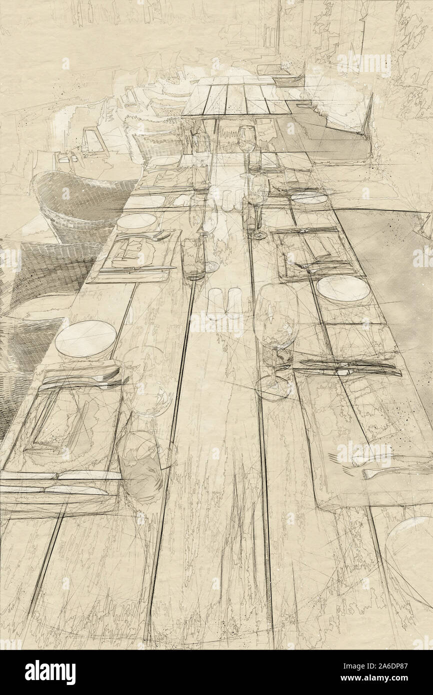 Vintage sketch of table setting Stock Photo - Alamy
