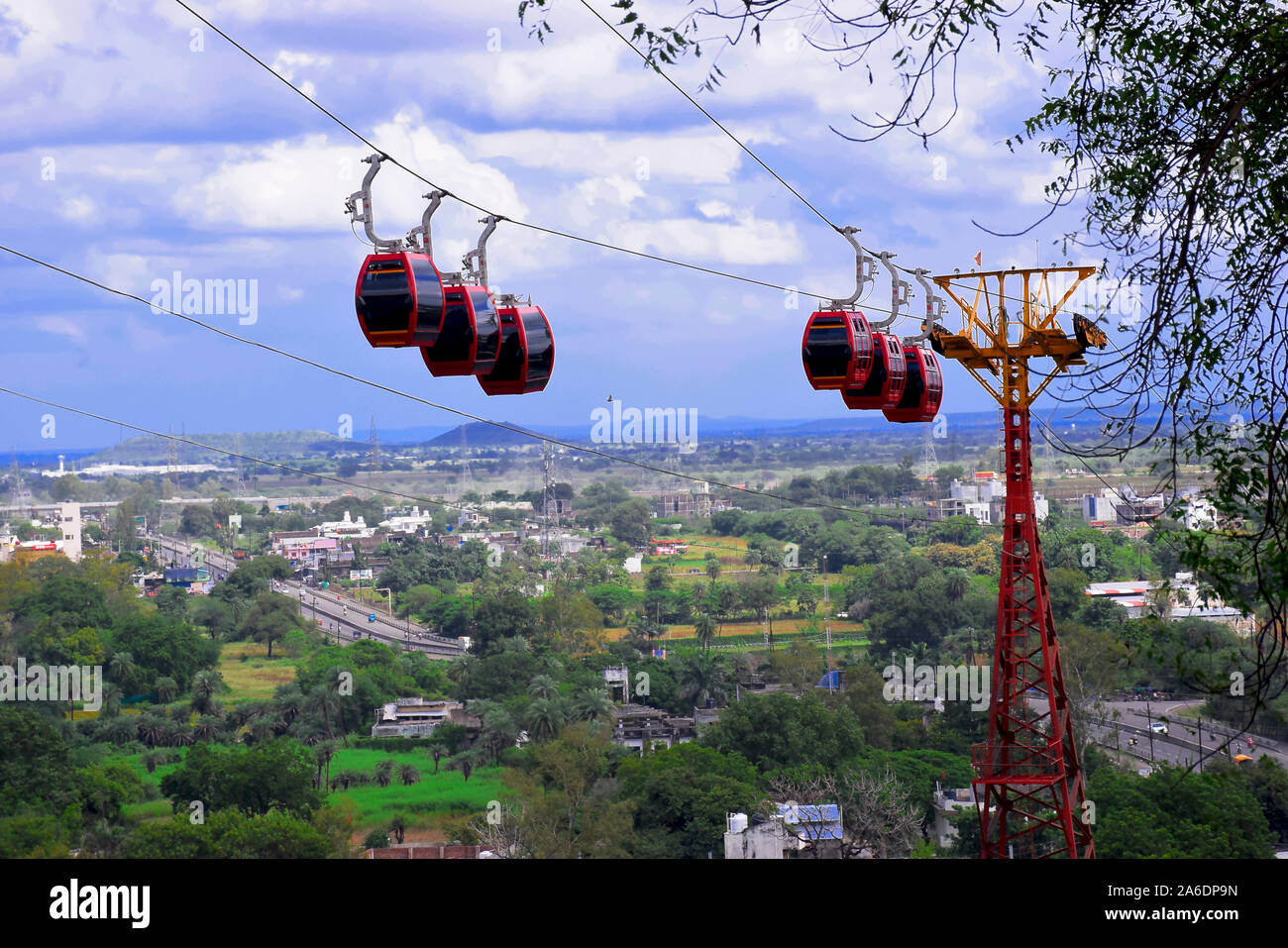 beautiful view of dewas city and rope-way cable car, taken from the ...