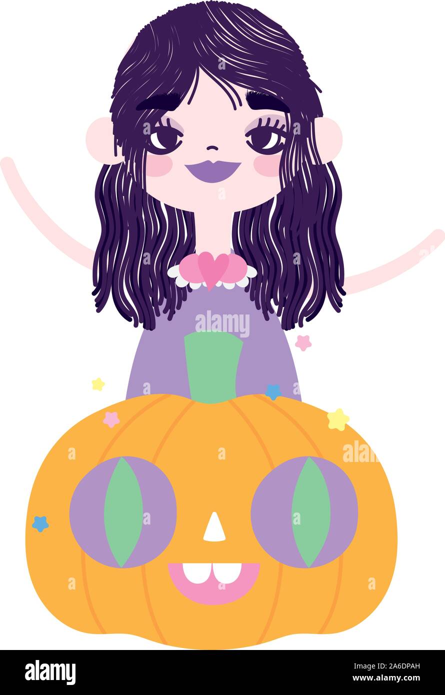 happy halloween celebration girl witch and pumpkin vector illustration ...