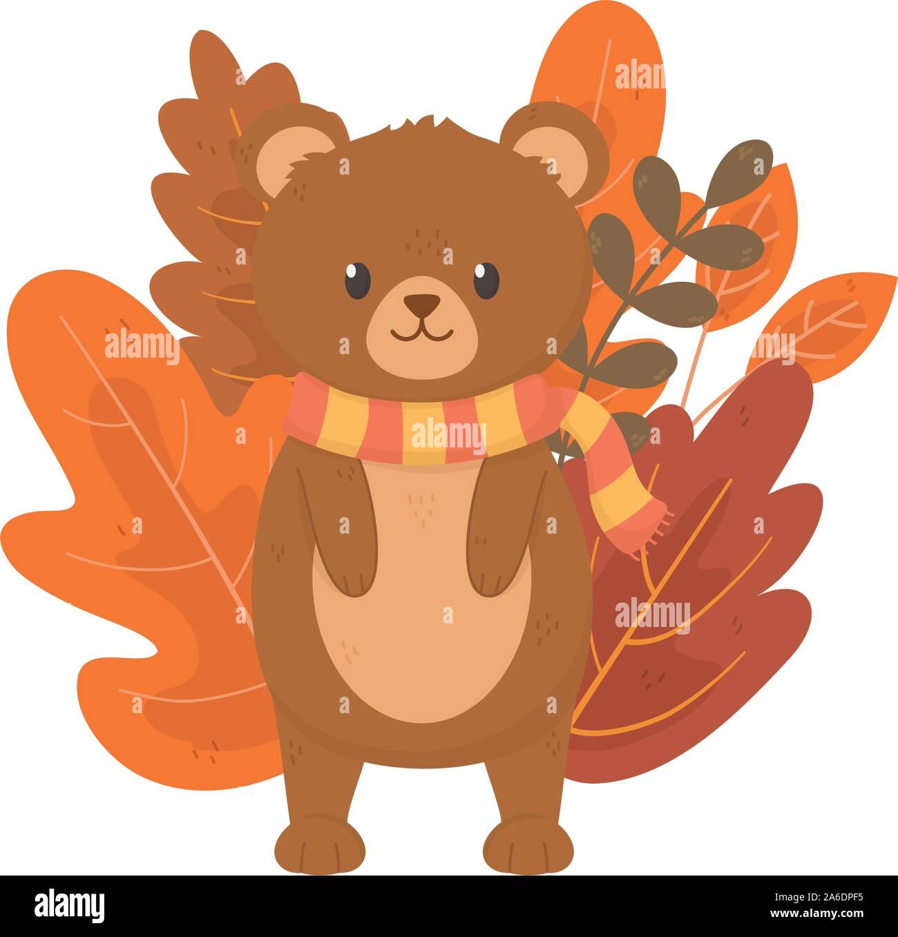 cute bear with scarf foliage leaves autumn on white background vector ...