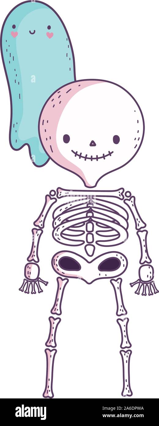 happy halloween celebration skeleton and ghost characters vector ...