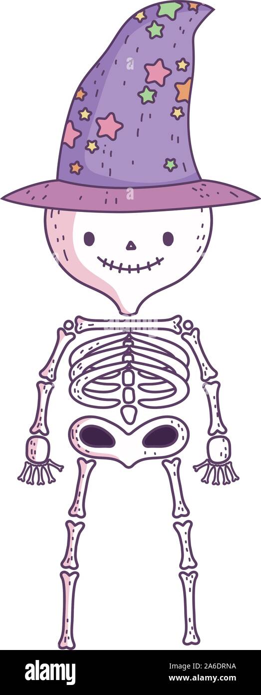 happy halloween celebration skeleton with witch hat vector illustration ...