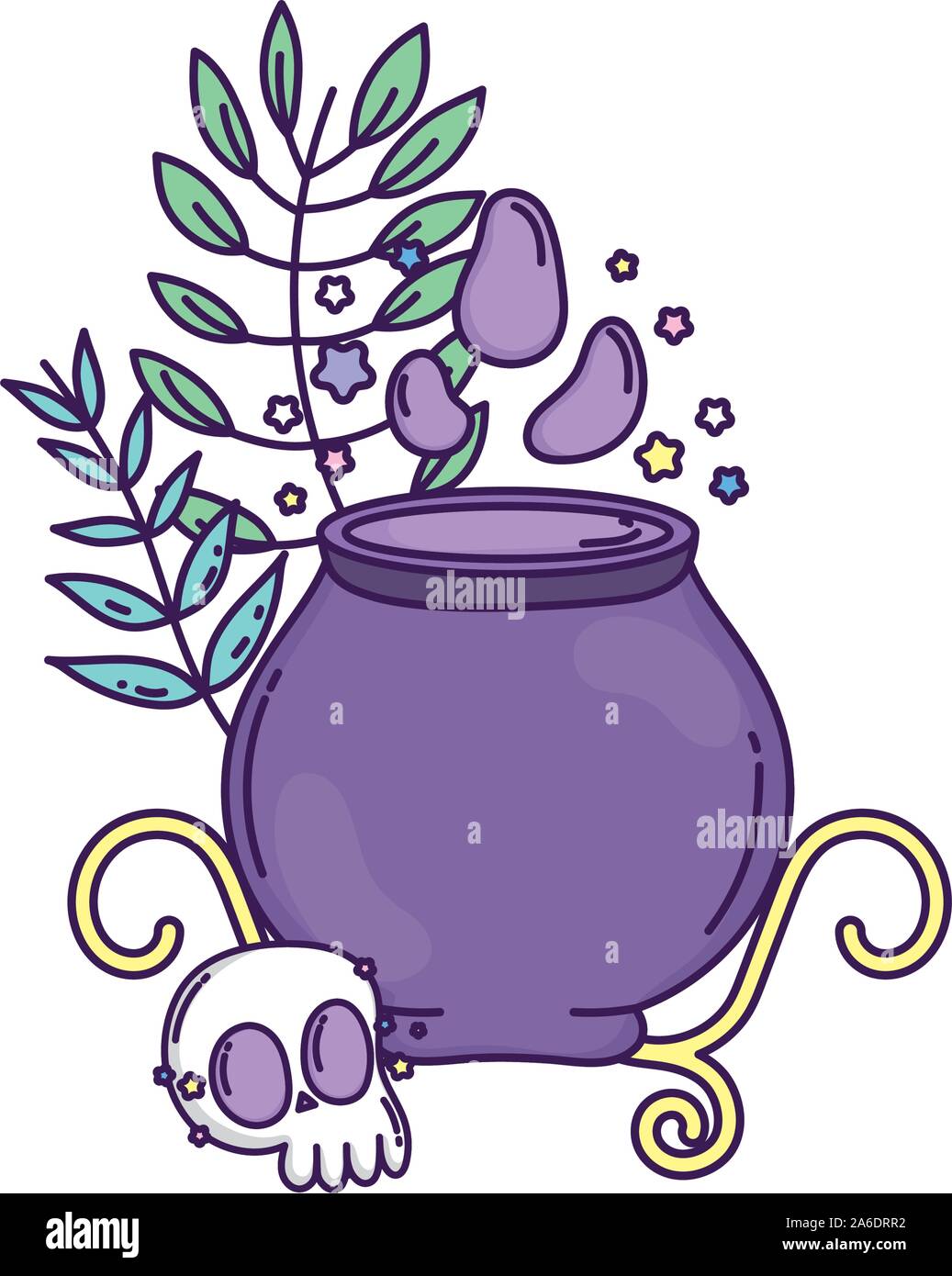 happy halloween celebration potion cauldron skull branch leaves vector ...