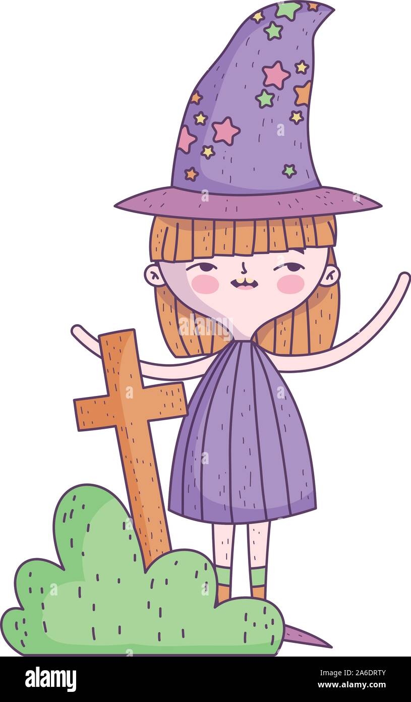 happy halloween celebration girl witch costume and cross vector ...