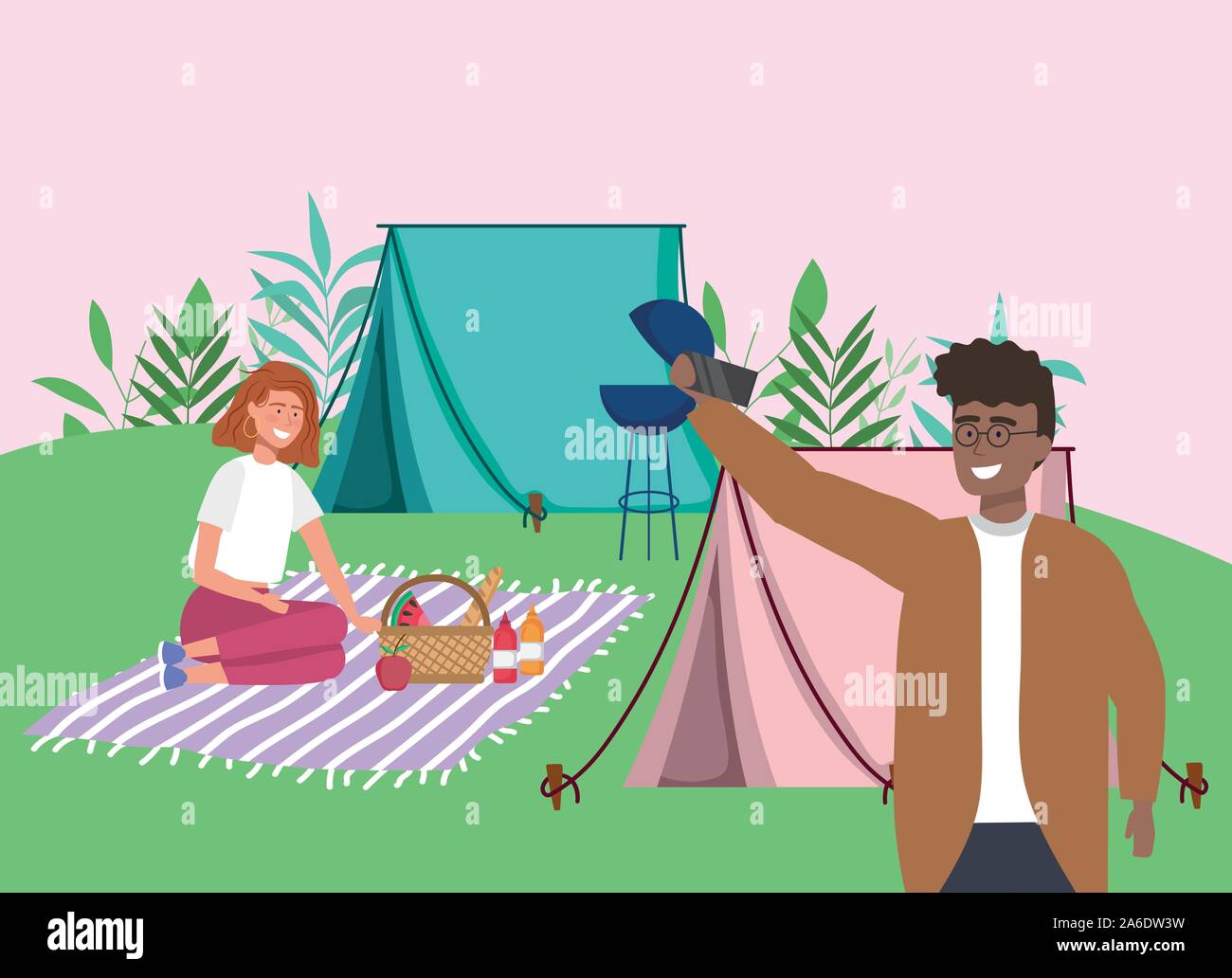 man using smartphone woman in blanket tent camping picnic vector illustration Stock Vector Image ...