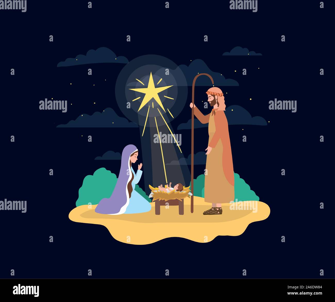 cute holy family with jesus in straw cradle manger characters Stock ...