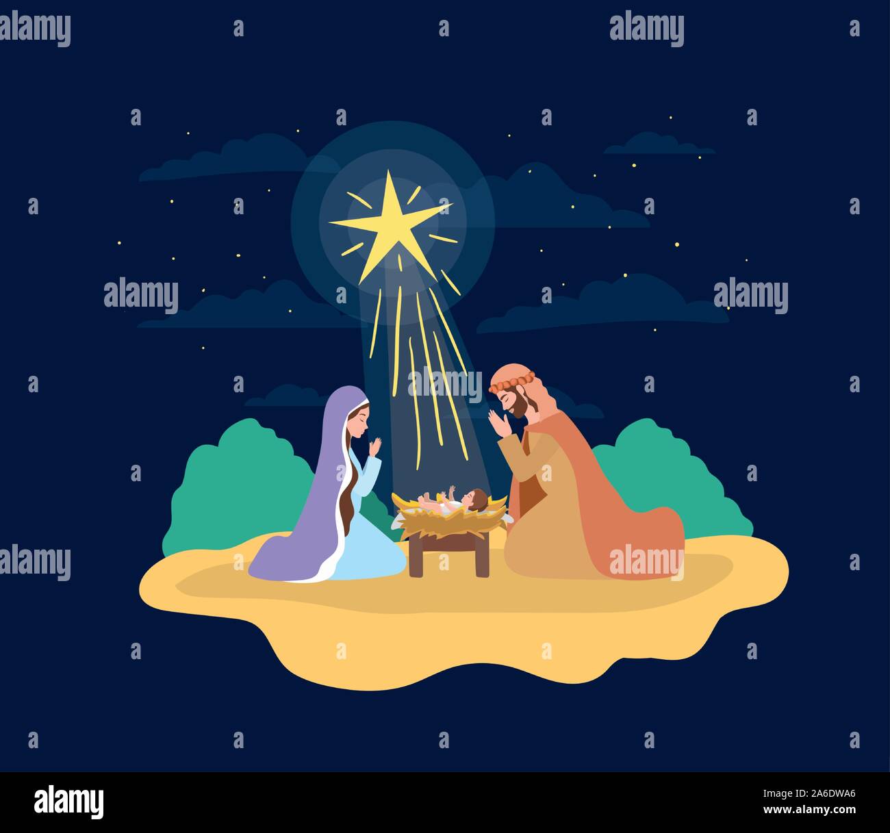 cute holy family with jesus in straw cradle manger characters Stock ...