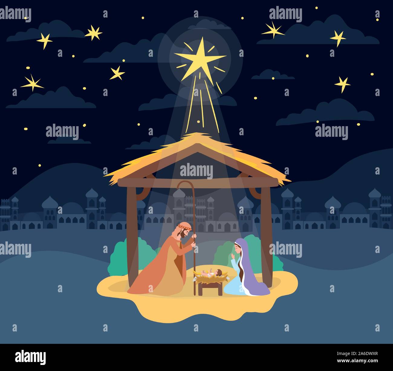 cute holy family in stable manger characters Stock Vector Image & Art ...