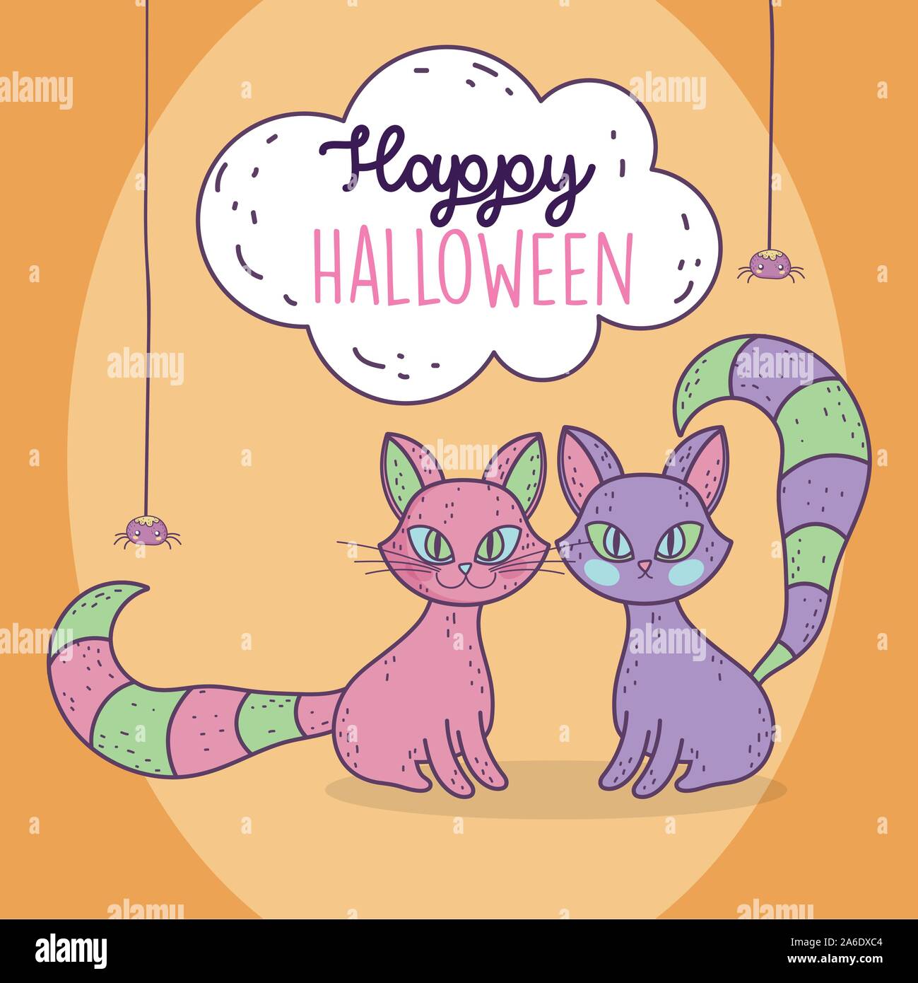 happy halloween celebration cats and hanging spiders vector ...