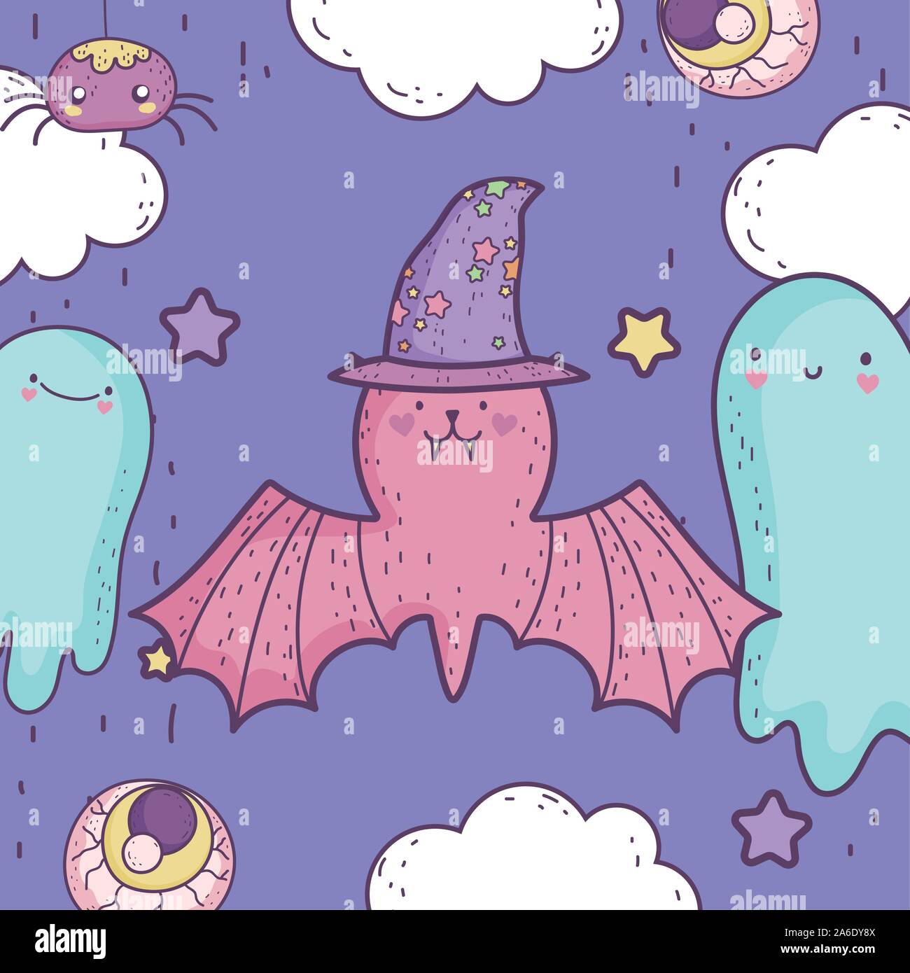 happy halloween celebration cute bat with hat ghosts scary eye vector ...