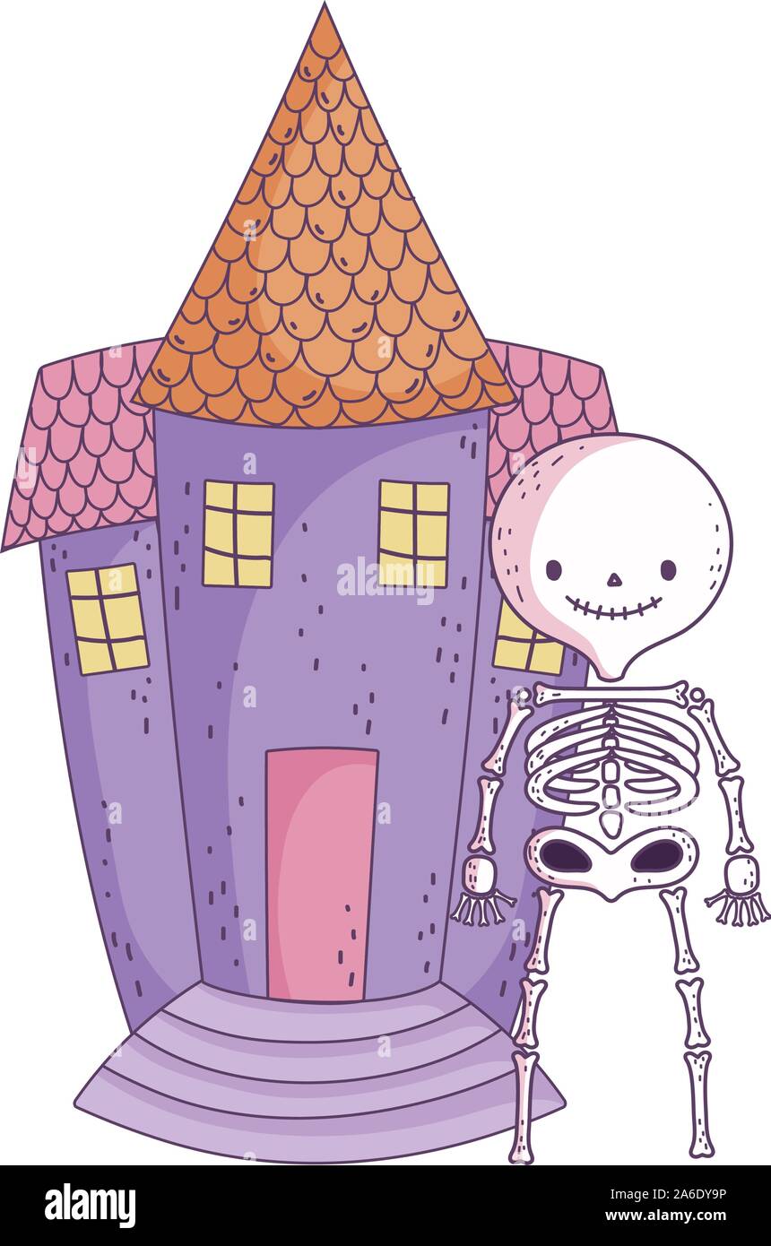 happy halloween celebration skeleton character and castle vector ...