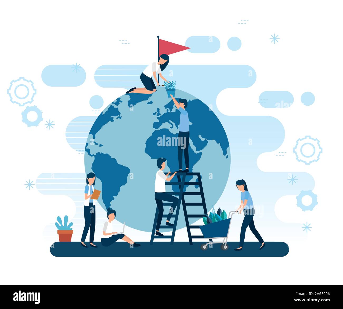 teamwork workers with planet earth and icons Stock Vector Image & Art ...