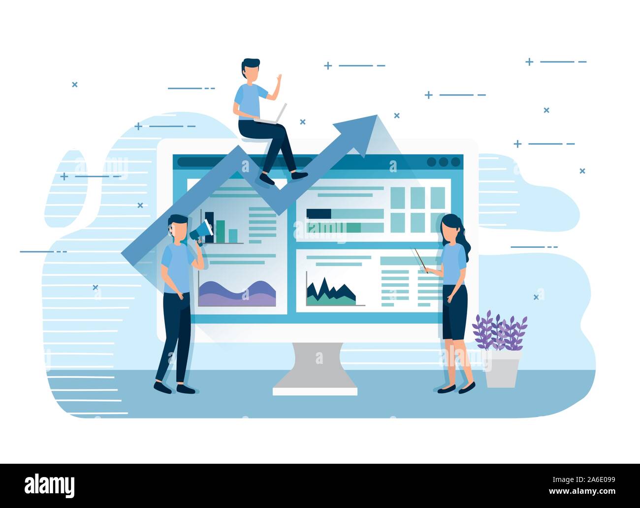teamwork mini workers with computer and infographics Stock Vector Image ...