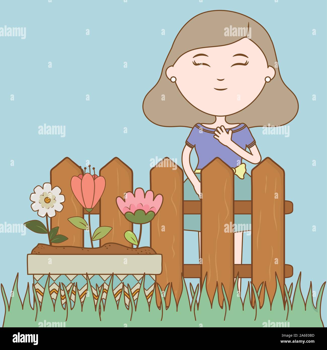 girl flowers in pot floral garden fence cartoon vector illustration ...