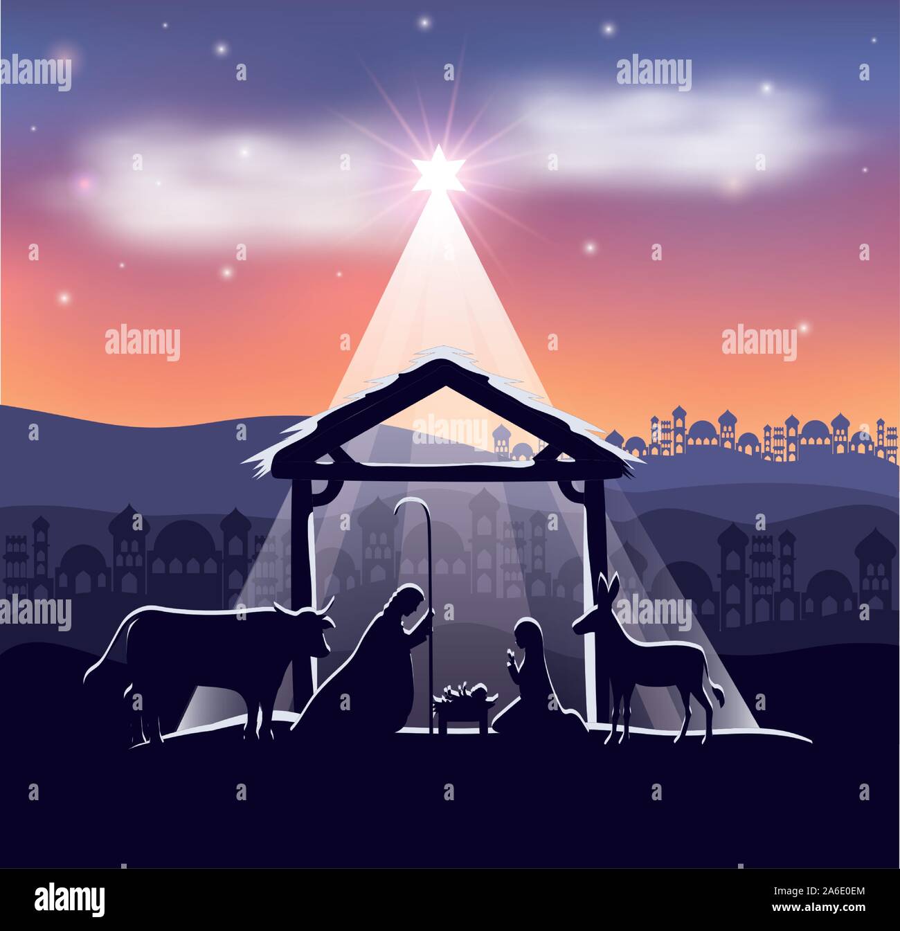 cute holy family and animals in stable manger characters Stock Vector ...