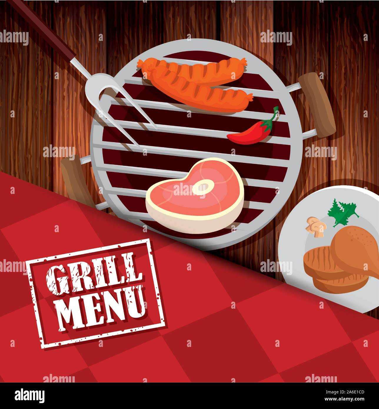 grill menu with oven and icons in wooden background Stock Vector Image ...