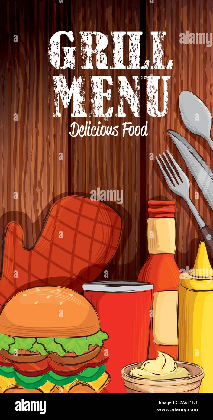 grill menu with delicious food in wooden background Stock Vector Image ...