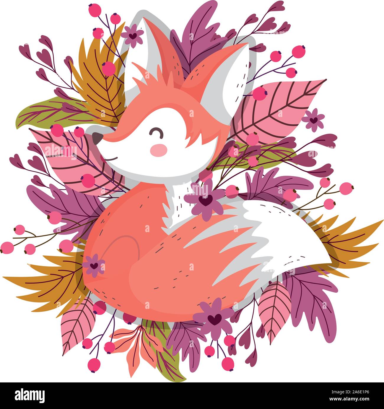 cute fox foliage leaves berries autumn on white background vector illustration Stock Vector ...