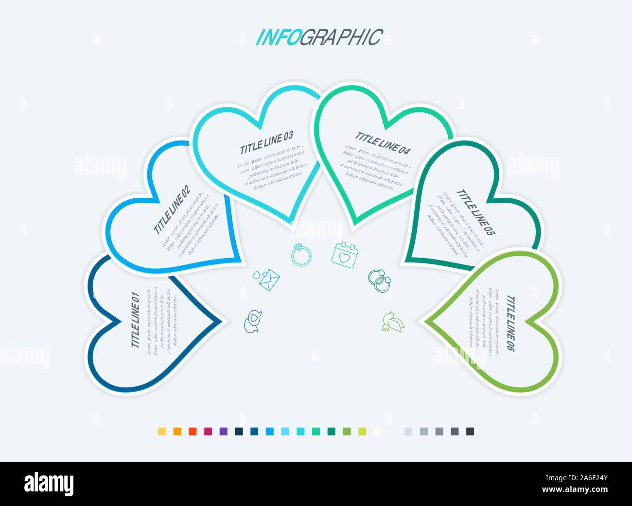 Colorful diagram, heart infographic template. Timeline with 6 hearts. Love workflow process for ...