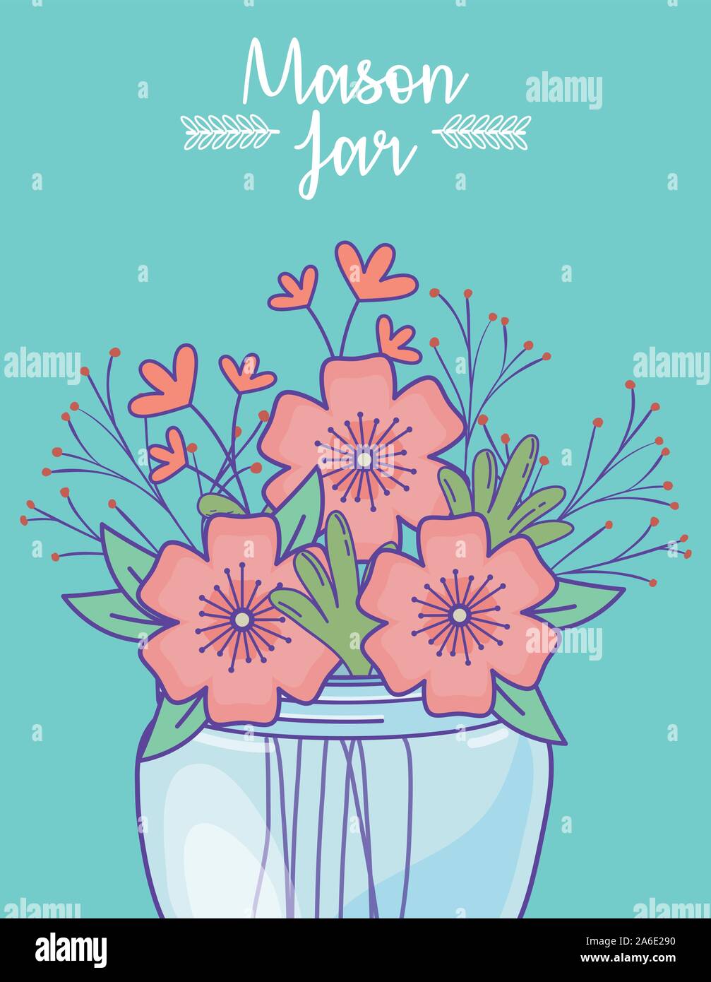 mason jar flowers leaves branch decoration vector illustration Stock ...
