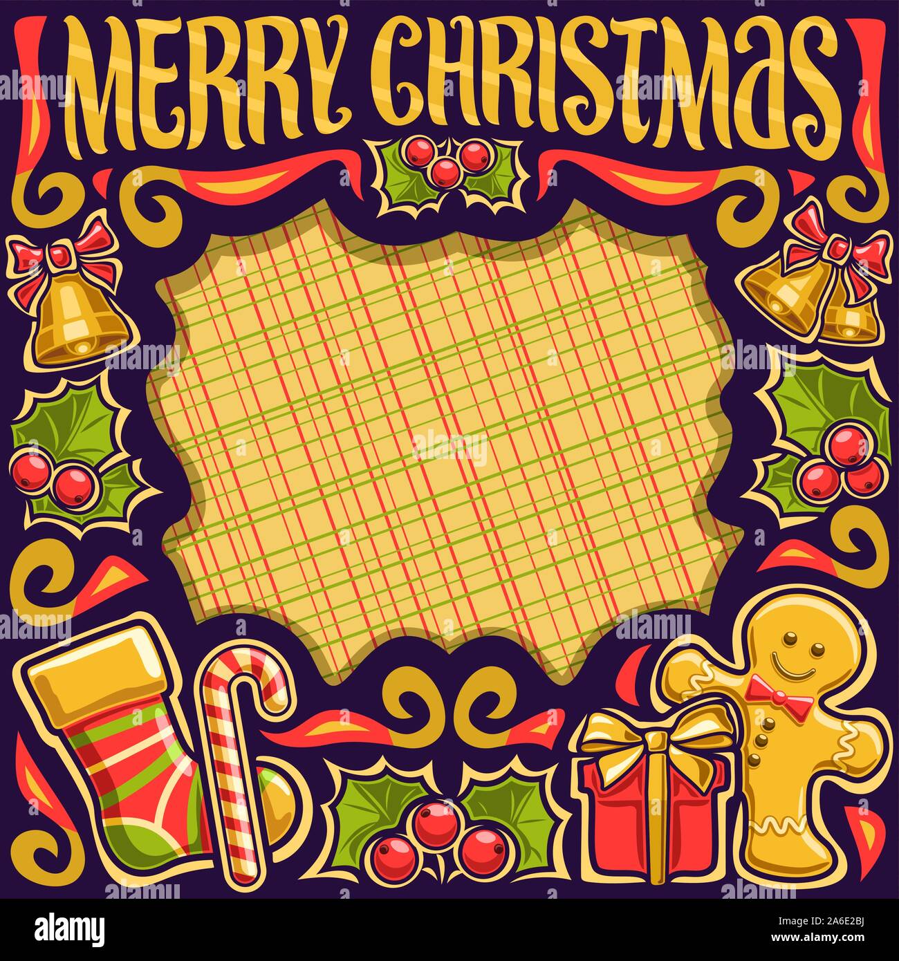 Vector frame for Merry Christmas holiday, dark placard with kids sock ...