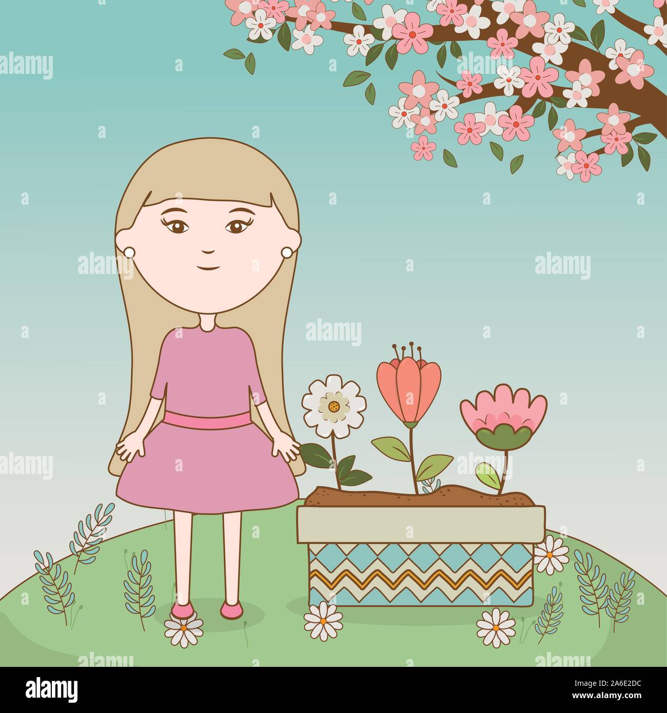 girl flowers in pot tree branch meadow cartoon vector illustration ...