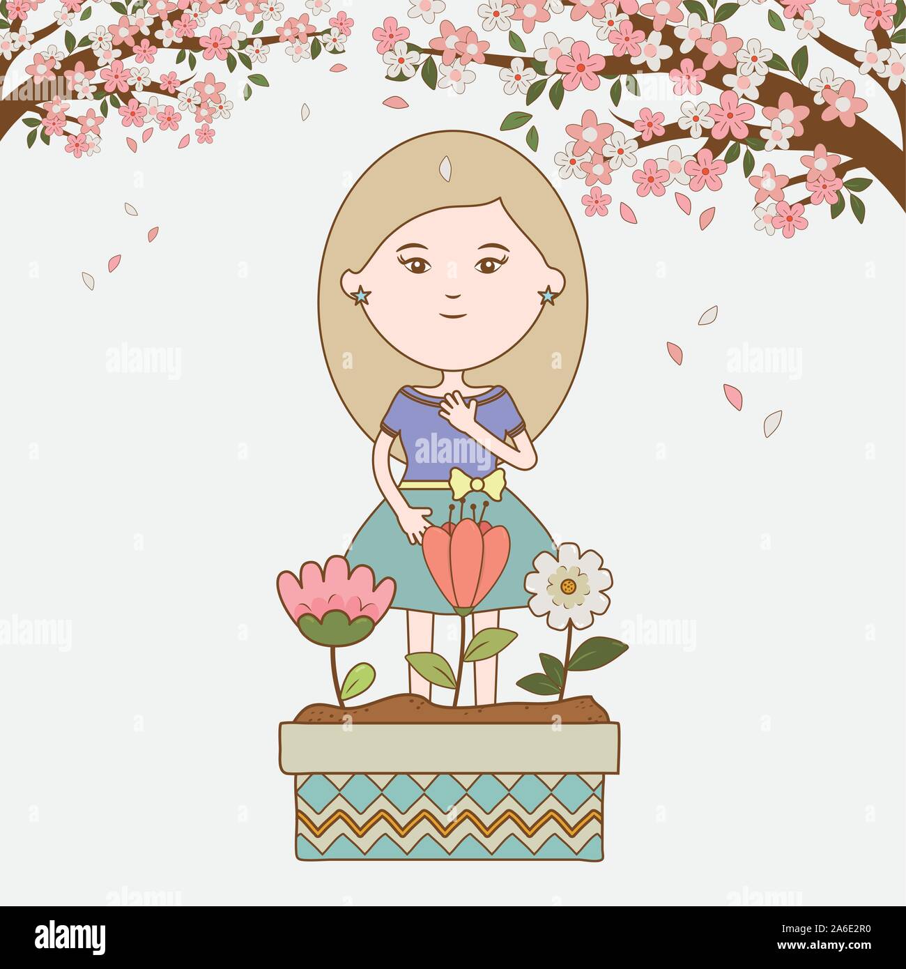 girl and potted flowers branch tree floral cartoon vector illustration ...