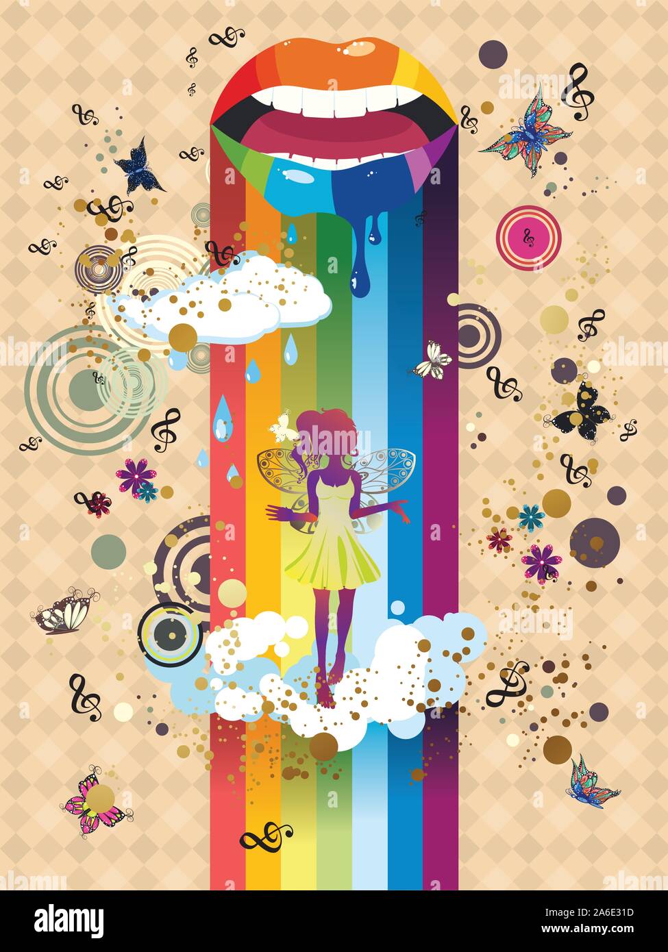 Paint dripping lips, surreal fairy silhouette, abstract background ...