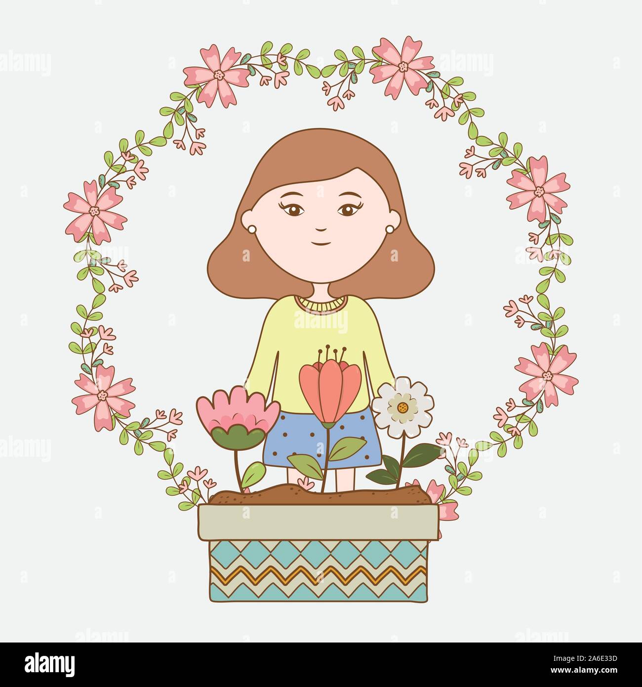 girl flowers potted gardening frame decoration cartoon vector ...